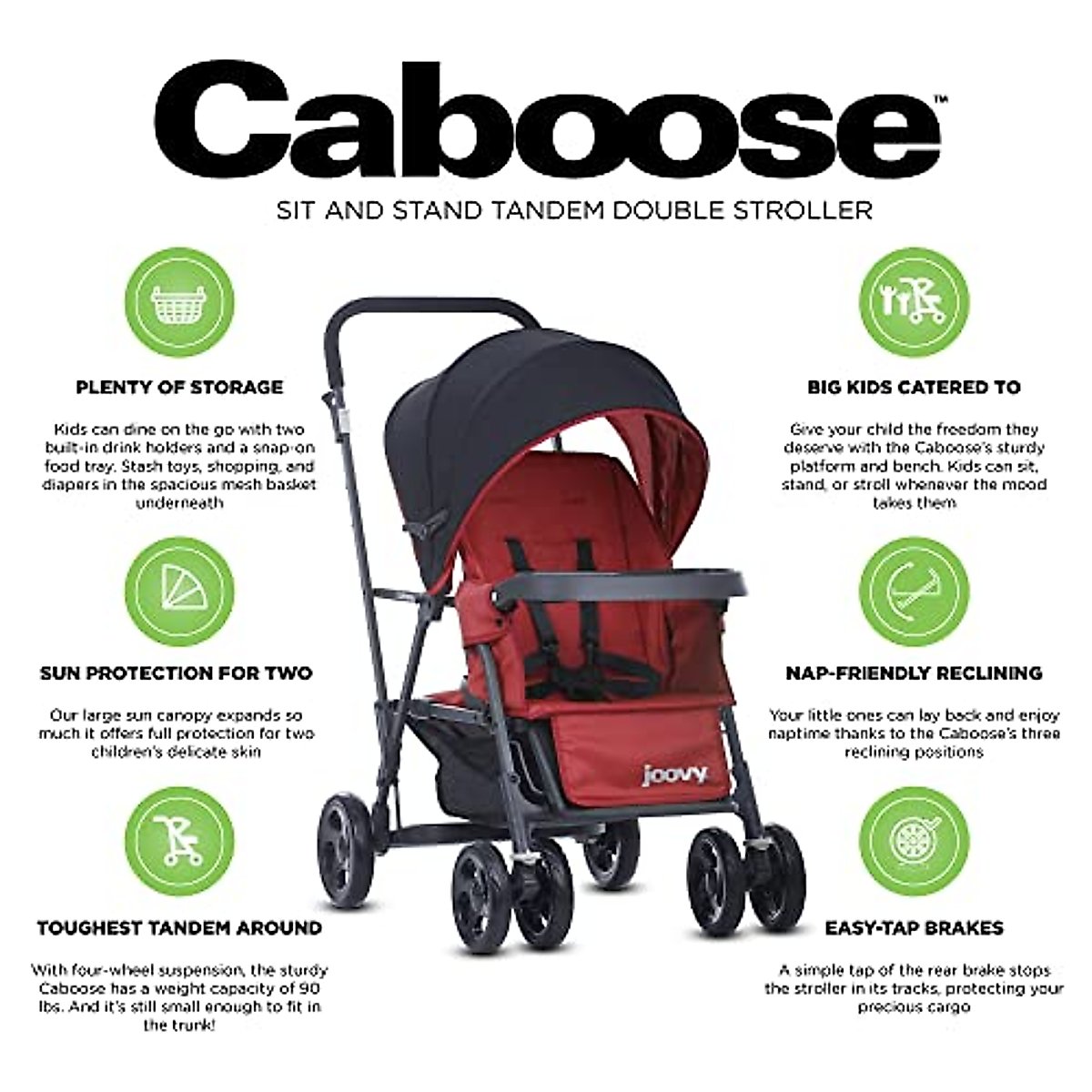 Joovy Caboose Sit and Stand Double Stroller with Rear Bench and Standing Platform, 3-Way Reclining Seats, Optional Rear Seat, and Universal Car Seat Adapter (Red)