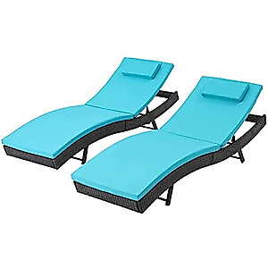 Cemeon Patio Adjustable Chaise Lounge Chair Outdoor Lounge Furniture, Black Wicker Sun Chaise with Turquoise Thick Cushion for Beach, Poolside, Yard (2 Pack)