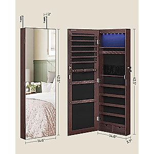 SONGMICS Hanging Jewelry Cabinet, Wall-Mounted Cabinet with LED Interior Lights, Door-Mounted Jewelry Organizer, Full-Length Mirror, Gift Idea, Brown UJJC99BR