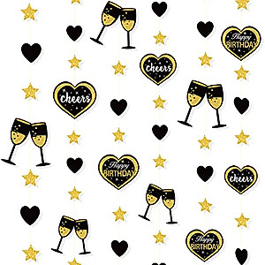 52Ft Black Gold Happy Birthday Decorations Happy Birthday Hearts and Wine Glass Star Garland Hanging Bunting Banner Streamers Backdrop for Women Mens 30th 40th 50th 60th 70th Birthday Party Supplies