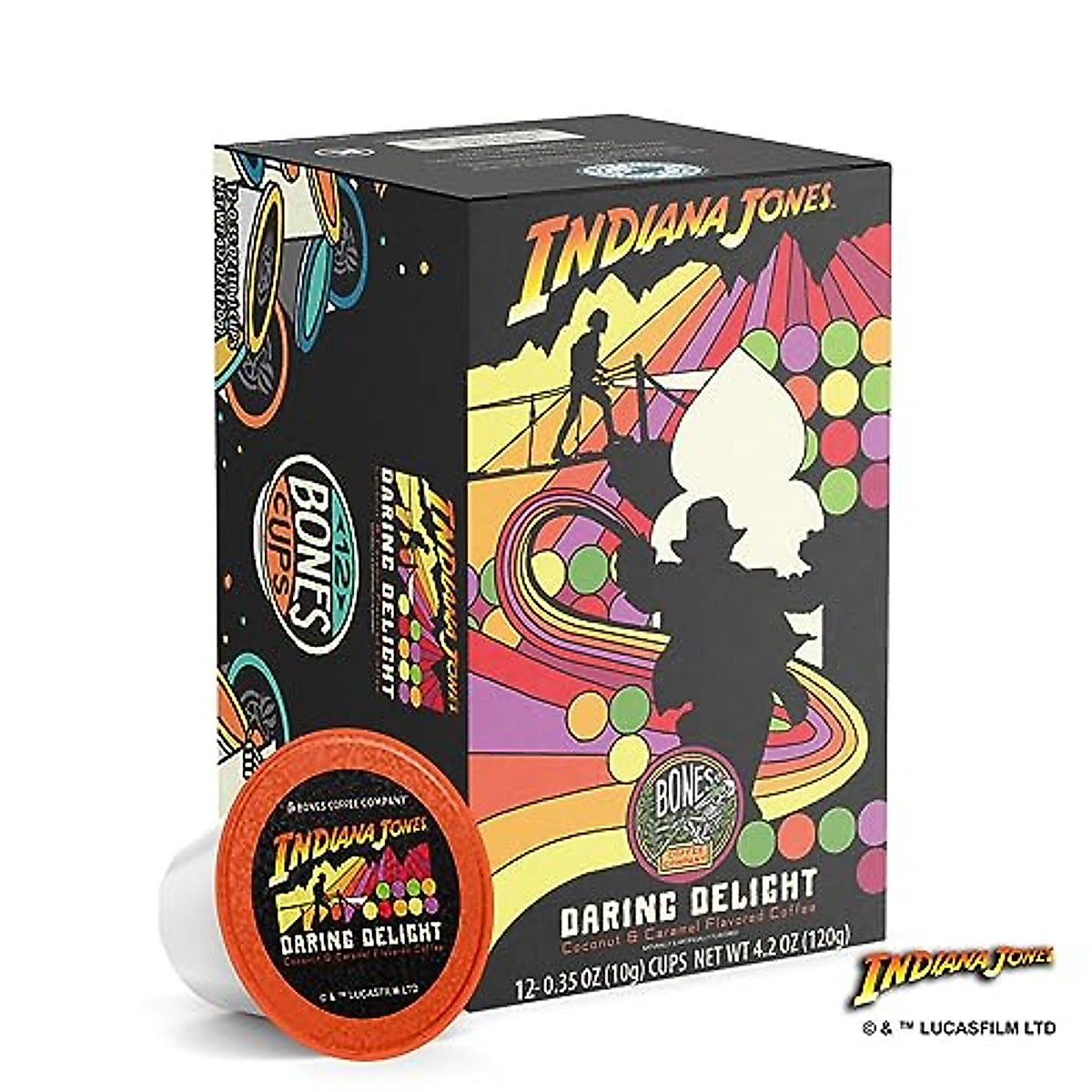 Bones Coffee Company Indiana Jones Daring Delight Flavored Coffee Bones Cups Single-Serve Coffee Pods for Coffee Maker 1.0 & 2.0, Scotcheroo Flavor (12ct)
