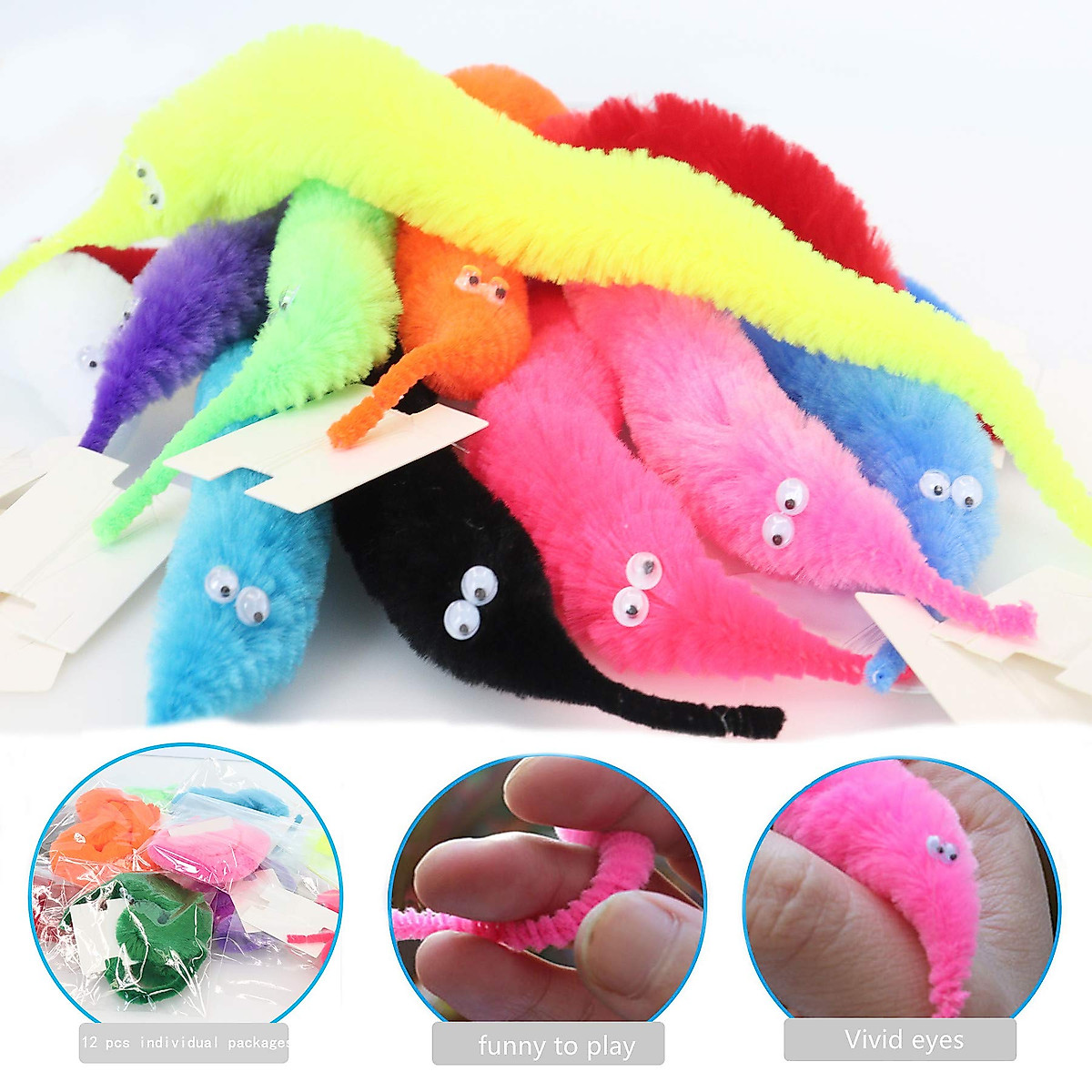 Zalmoxe 12 Pcs Fuzzy Worms on with a Invisible String Carnival Party Favors for Kids Birthday (12 Colors)