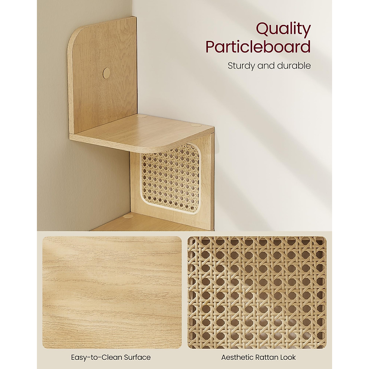 VASAGLE 5-Tier Corner Shelf, Wall Mounted Floating Shelf, Zigzag Corner Shelf Unit, PVC Rattan Sides, Space-Saving, for Kitchen, Living Room, Bedroom, Boho Style, Oak Beige ULLS582Y57