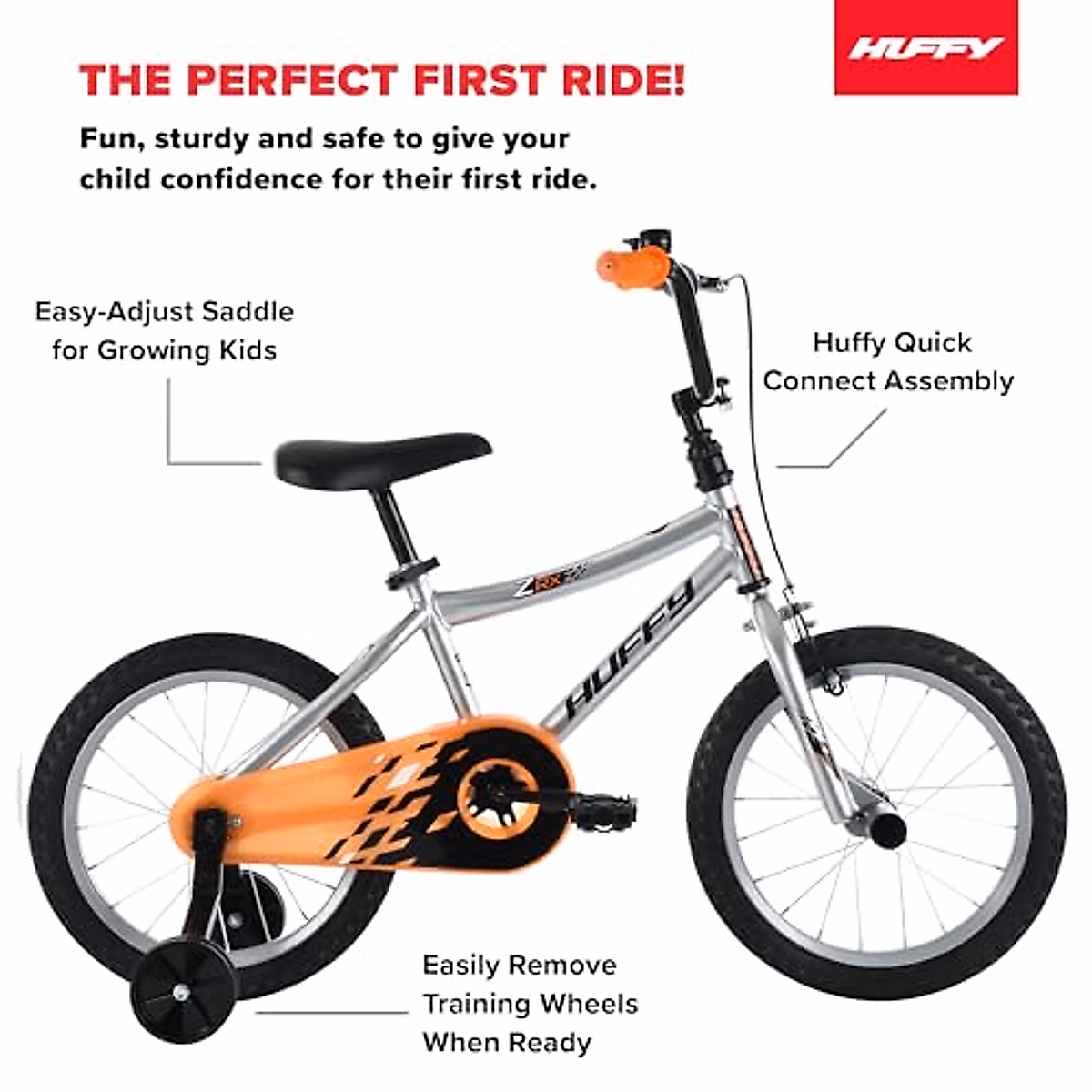 Huffy ZRX 16" Kids Bike, Ideal for Ages 3 to 5 Years Old, Front Pegs, BMX Style Handlebar, Quick Connect Assembly, Designed for Growth, Durable Steel Frame, Enclosed Chain Guard, Silver