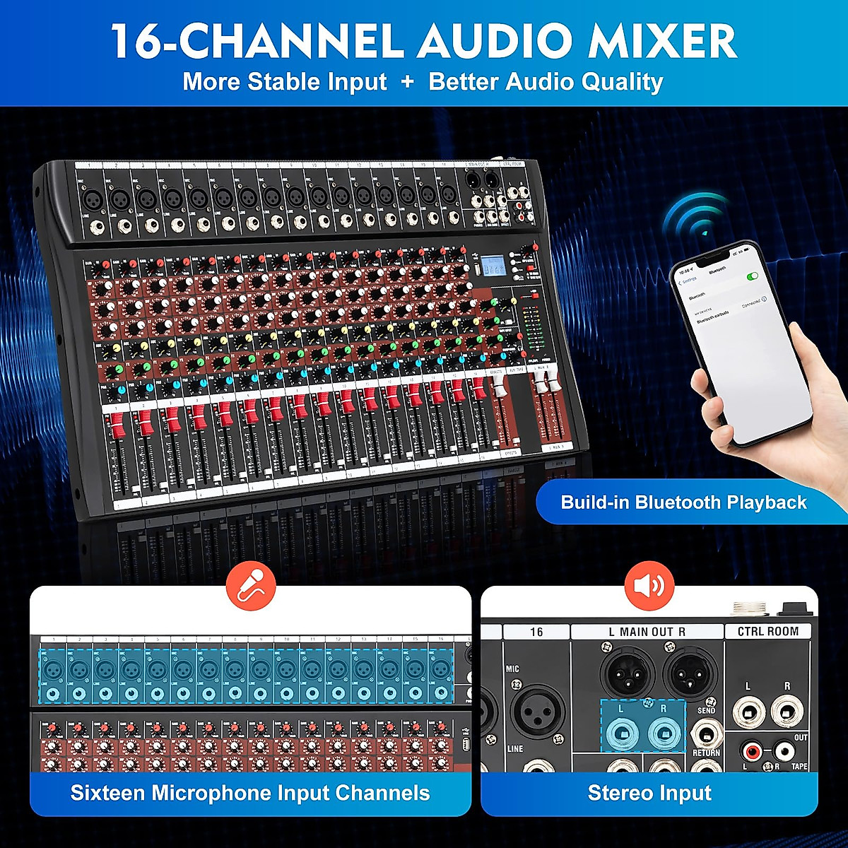 Audio Mixer 16 Channel Bluetooth Live Studio LED Display Professional USB Mixing Console with 3-Band EQ Sound Board Console DJ Studio Audio Mixer for PC Recording Music (16 Channel)
