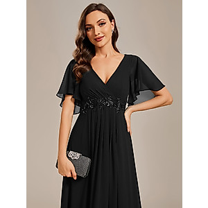 Ever-Pretty Women's Chiffon A-Line Ruched Short Sleeves Applique Waist V Neck Formal Dresses and Evening Gowns Black US20