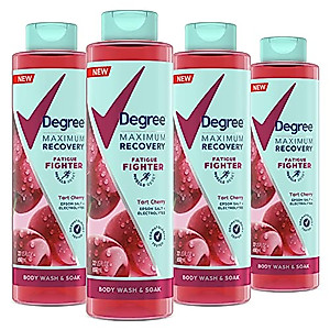 Degree Maximum Recovery Body Wash and Soak Post-Workout Recovery Skincare Routine Tart Cherry + Epsom Salt + Electrolytes Bath and Body Product 22 oz, Pack of 4