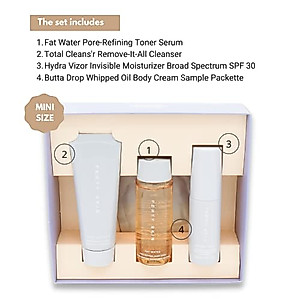 Fenty Skin Set: Makeup Removing Cleanser, Fat Water Pore-Refining Toner Serum, Hydra Vizor Invisible Moisturizer, Whipped Oil Body Cream Sample