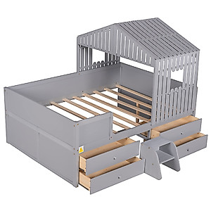 Full Size House Bed for Kids, Full Bed Frame with 4 Storage Drawers, Fences and Roof, Solid Wooden Low Loft Bed Full Platform Bed Frame for Kids Teens Girls & Boys (Full, Gray)