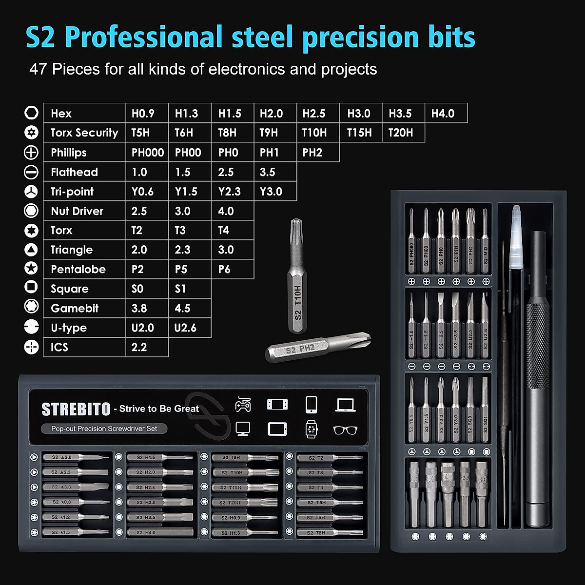 STREBITO Micro Screwdriver Set 50 in 1 Precision Screwdriver Set, Electronics Tool Kit Screwdriver Kit - Computer, iPhone, Macbook, PS4, PS5, Nintendo, Xbox Controller Repair Kit, S2 Multi Bit Driver