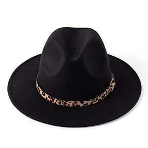 HUDANHUWEI Women's Wide Brim Felt Fedora Panama Hat with Leopard Belt Buckle Black