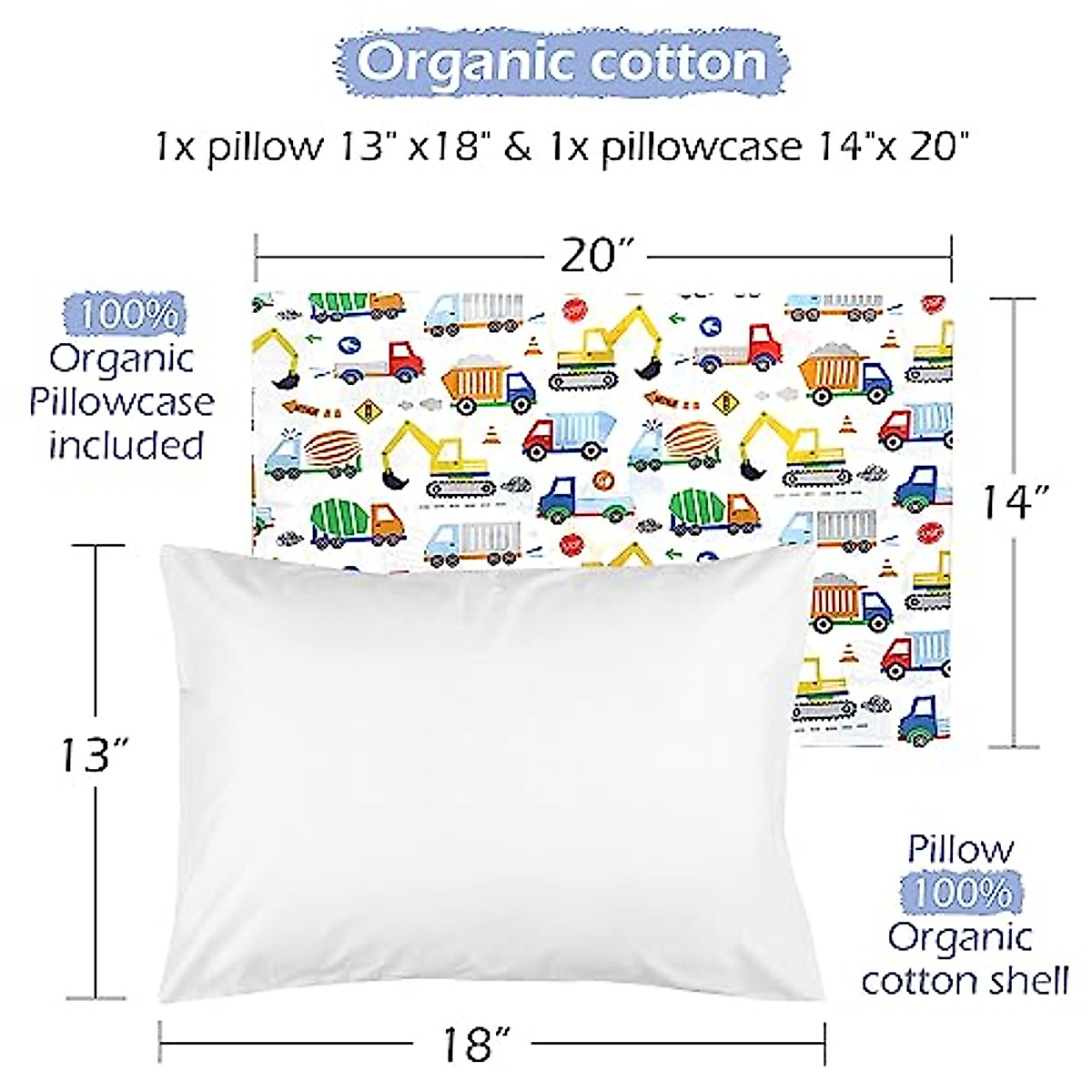 Baby Toddler Pillow with Pillowcase - 13x18 Organic Cotton Truck Pillows for Sleeping, Kids Pillow, Travel Pillows for Sleeping Nap, Mini Pillow, Toddler Bed Cot Pillows for Boy Girl 3-5 Years Old