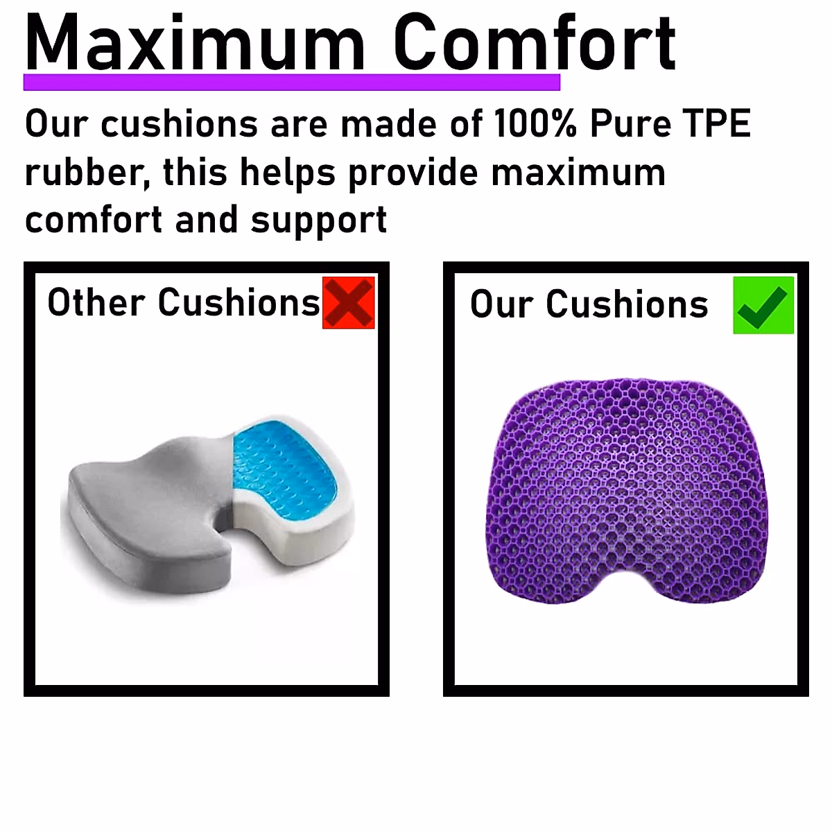 Comfortec Purple Gel Seat Cushion - Honeycomb Cooling Seat Cushion Back Support, Pressure Relief & Long Sitting - Non-Slip Chair Cushion Traveling, Wheelchair, Car Seat, Office & Gaming Chair