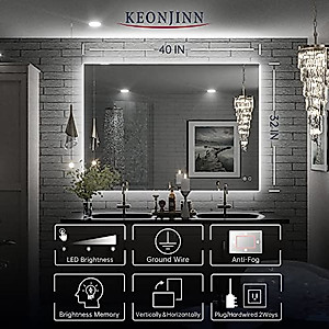Keonjinn 40 x 32 Inch LED Bathroom Mirror with Lights Acrylic Backlit Vanity Mirror Anti-Fog Lighted Bathroom Mirror for Wall CRI90 High Definition Dimmable Large Makeup Mirror(Horizontal/Vertical)