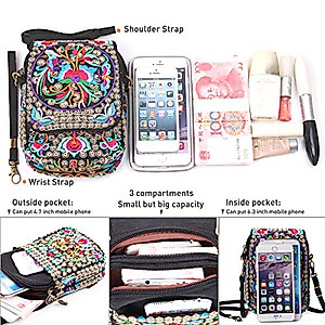 SILKAREA Embroidered Cute Small Crossbody Bag for Women Cell phone Purse Mini Handbags Wristlet Wallet Bag Coin Pouch