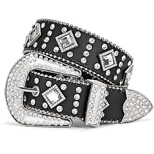 WERFORU Women Men Rhinestone Studded Western Leather Belt Ladies Vintage Bling Cowgirl Cowboy Waist Belt for Jeans Dress (D-Black, Fit Waist Size26-30 Inches)