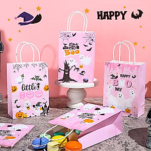 Kolldenn 48 Pieces Pink Halloween Snack Bags with Handle Hey Boo Treat Bags Bulk Little Boo Paper Gift Bags Pink Halloween Party Favor Bags Boo Bags for Halloween Party Decor