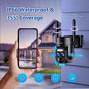[ 8X Zoom ] 4K 5Dbi Security Cameras Wireless Outdoor, Battery Powered Solar Security Camera Outdoor 360° PTZ WiFi Camera with Spotlight Siren, Motion Detection, Color Night Vision,2-Way Audio, IP66
