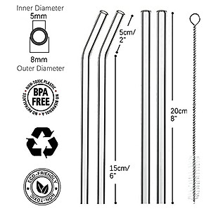 Reusable Glass Straws, 8mm Straight Bent Glass Drinking Straws, 4 Pcs Straws with Cleaning Brush, BPA Free Eco Friendly Glass Straws for Beverages, Shakes, Milk Tea, Juices, Cocktail (Pink)
