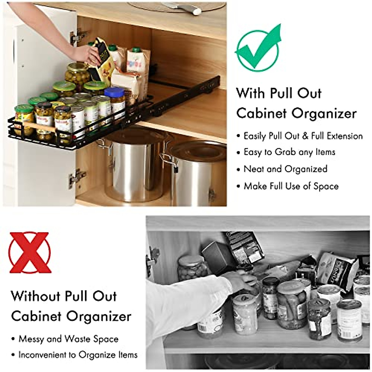 KES Pull Out Cabinet Organizer, 12" Wide Kitchen Bathroom Cabinet Drawer Heavy Duty Under Cabinet Slide Out Organizer Storage Shelves, Wooden Handle with Soft Close Black, KPO501W30D53-BK