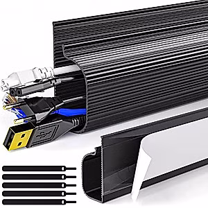 Cable Management Under Desk 31.5in J Channel Cable Raceway, 2 Pack Cord Hider Desk Cable Tray, No Drilling Under Desk Cable Management Tray, Self Adhesive Desk Wire Management, 15.7x1.1x2.4 in, Black