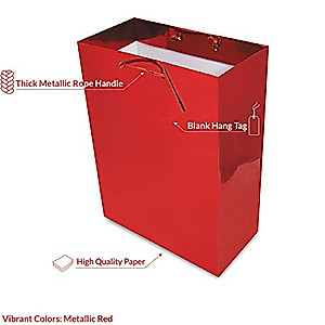 Large Red Gift Bags - 12 Pack Metallic Red Foil Gift Bags with Handles, Designer Paper Gift Wrap Euro Totes for Birthdays, Christmas, Valentines, Bachelorette, Holidays, Presents, Bulk – 10x5x13