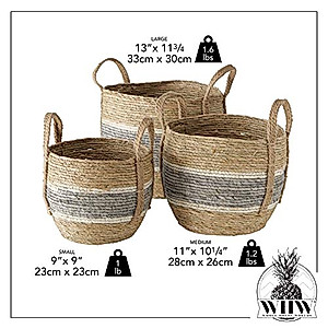 Coastal Grey Stripes 3 Piece Basket Set, Floor and Shelf Organizers, Corn Husk Wicker, Durable Chunky Rope Weave, Handles, Stitched, Reinforced, Rustic Home Decor, Round, 13, 11, 9 Diameter Inches