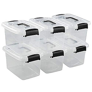 Jandson 5 Quart Clear Storage Bin, Latching Box Container with Black Handle, 6 Packs