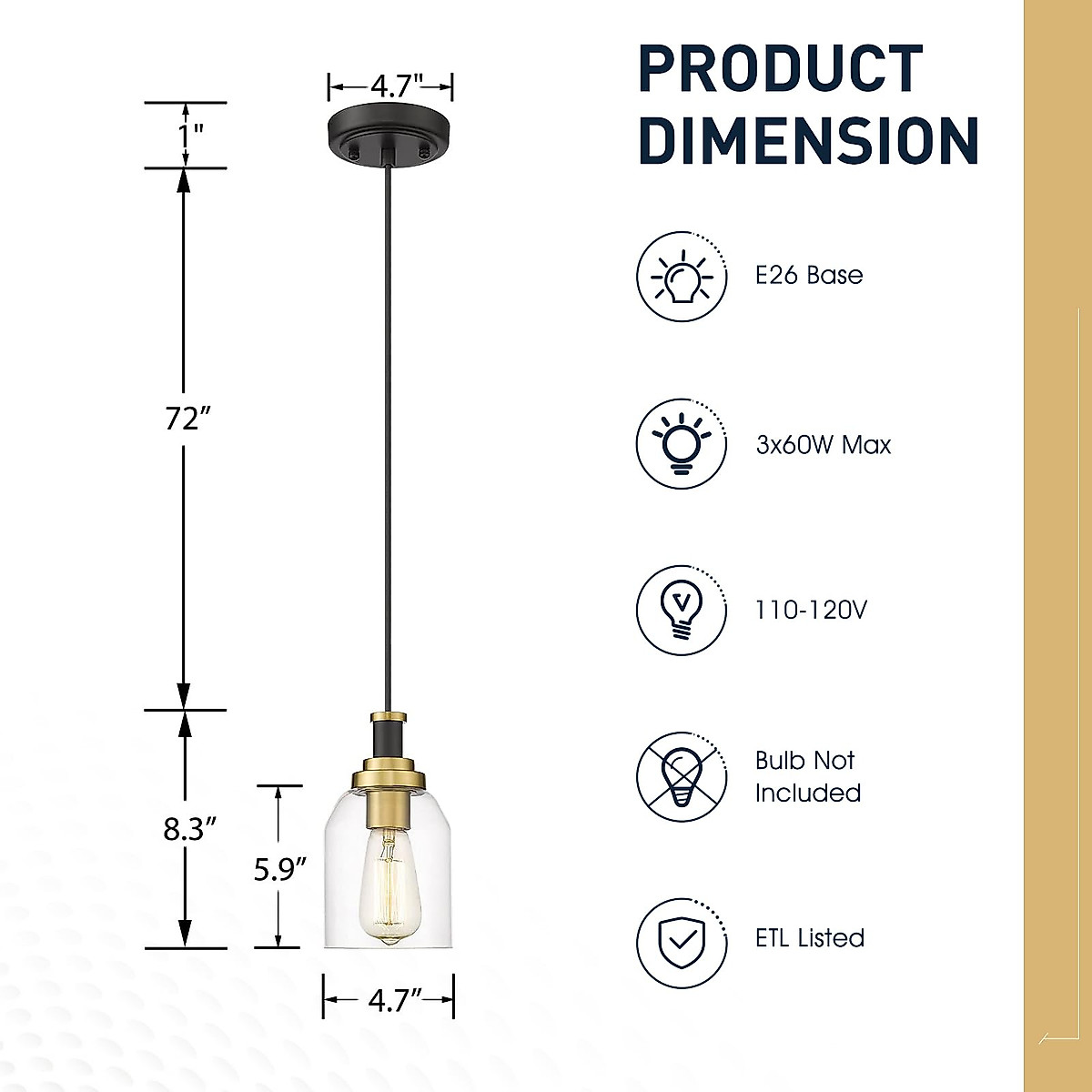 zeyu Modern Hanging Pendant Lights 2 Pack, Kitchen Pendant Lighting with Clear Glass Shade, Black and Gold Finish, ZG33M1L-2 BK+BG