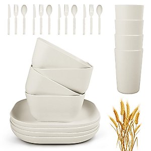 afcevnlb 24 Piece Wheat Straw Square Dinnerware Sets for 4, Unbreakable Dinner Plates and Bowls Sets for Camping Party Grill (White)
