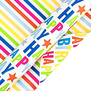 LeZakaa Reversible Birthday Wrapping Paper Jumbo Roll - Happy Birthday Lettering & Stripe - 24 inches x 100 Feet (200 sq.ft.)