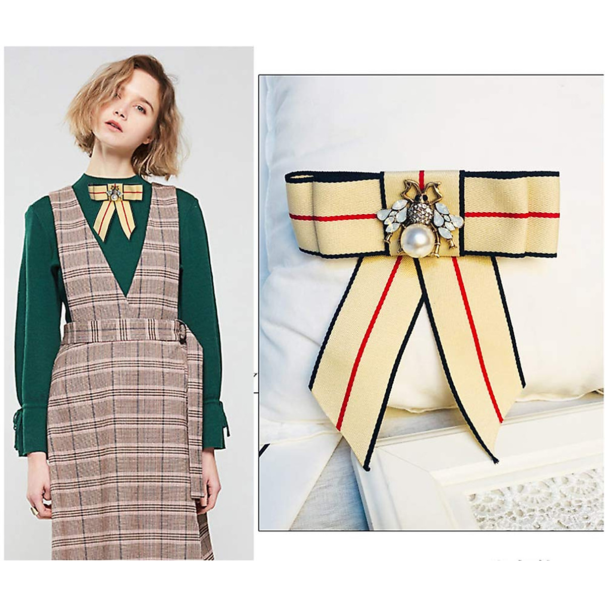 Vpang Crystal Bee Bow Brooch Pre-Tied Neck Tie Brooch Pin Striped Bow Tie for Women Wedding Party Bow Tie (Beige)