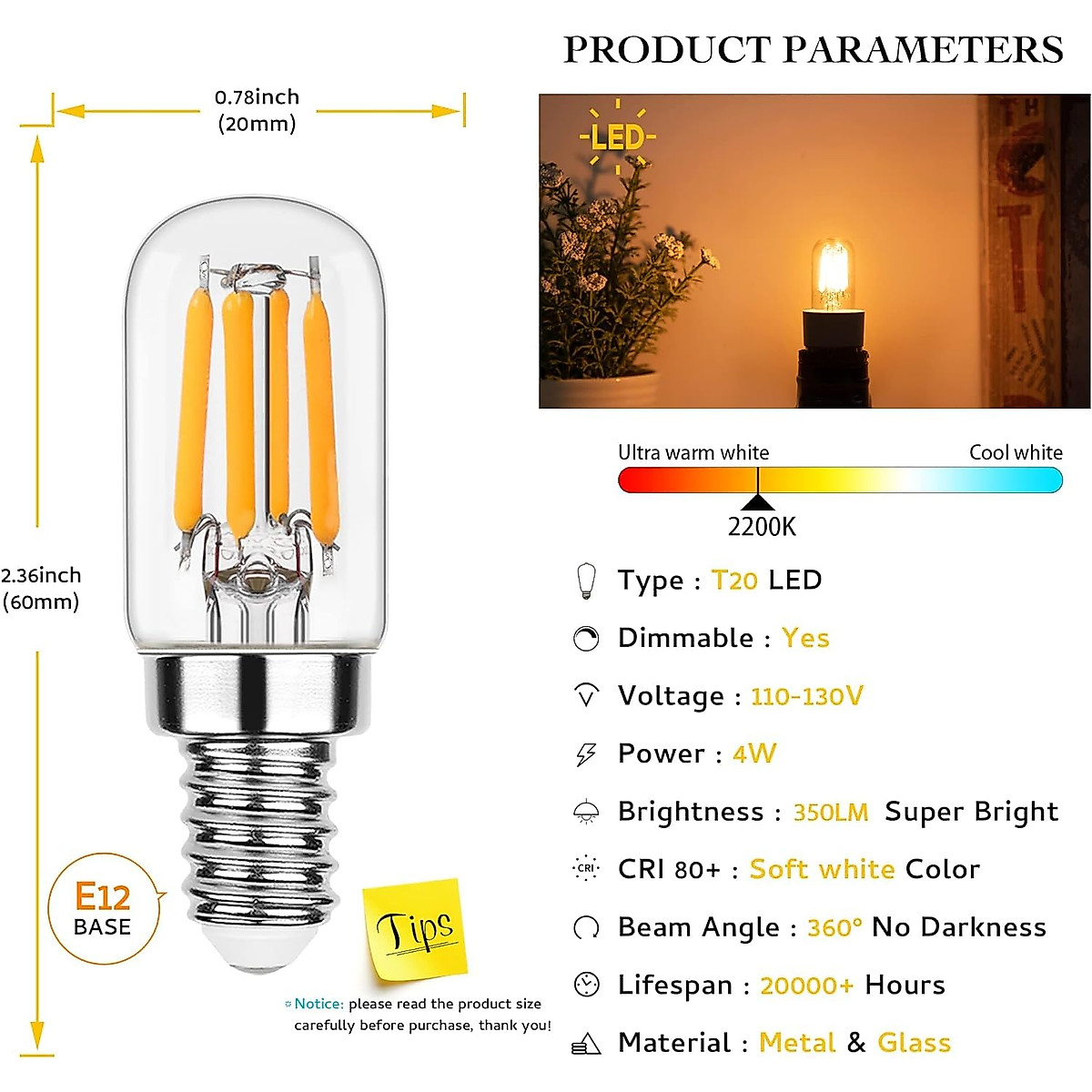 Sphoon Dimmable Salt Lamp Bulbs E12 LED Night Light Bulbs 40 Watt Equivalent 4W,Small Filament Bulb for Candelabra,Sewing Machine,Ceiling Fan,Refrigerator,2200K Warm White 350LM,2 Pack