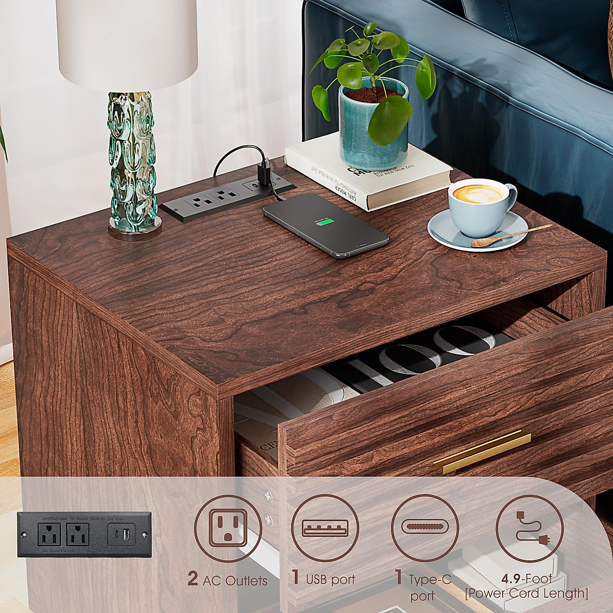 Night Stand with Charging Station Set of 2, Side Table with 2 Drawers, Mid Century Modern End Table with Storage, Bedside Table with USB Ports and Outlets, Nightstand for Bedroom, Brown 2PCS