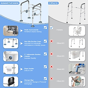 KingPavonini Toilet Safety Rail (400 LB) - Adjustable Foldable Toilet Safety Frame for Elderly and Disabled - Stand Alone Toilet Rails for Seniors with Storage Bag and Paper Holder - Fits Most Toilets