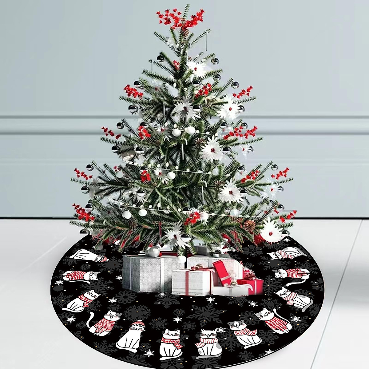 Christmas Tree Skirt Black Tree Skirt Cat Christmas Xmas Winter Tree Skirt 48 Inch for Black Cat Christmas Indoor Outdoor Decorations