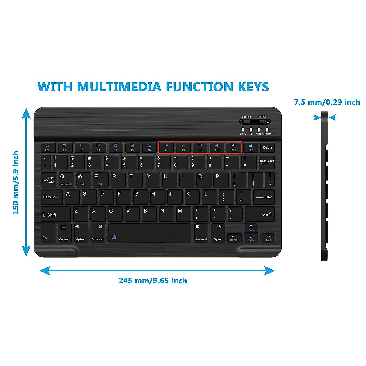 Ultra-Slim Small Bluetooth Keyboard, Portable Rechargeable External Cordless Wireless Keyboard for Android Tablet Cell Phone Samsung Smartphone iPad Mini Air Pro iPhone Windows Surface (Black)