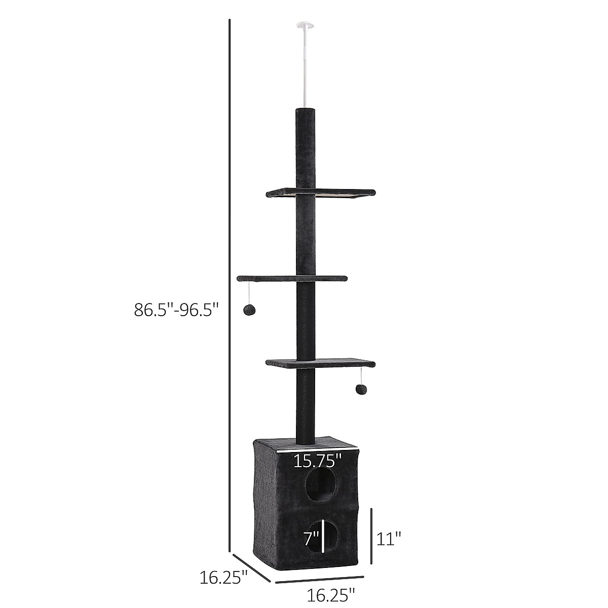PawHut Cat Tree Floor to Ceiling Condo w/Jute Scratching Post Dangling Ball Adjustable 86.5" H -96.5" H, Grey