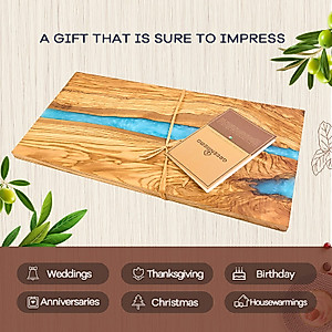 Greenmemo Italian Olive Wood luxury Cheese board with Resin, Charcuterie board, Chopping and Cutting Board for Meat Vegetable & Fruit, Wooden Epoxy Serving Board (Blue And White Gradient)