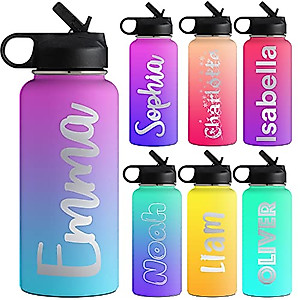 FunStudio Personalized Water Bottles for Kids for School Customized Name Insulated Sport Water Bottle with Straw 32 oz Waterbottle Gift for Boys Girls Men Women - Name & Gradient Color