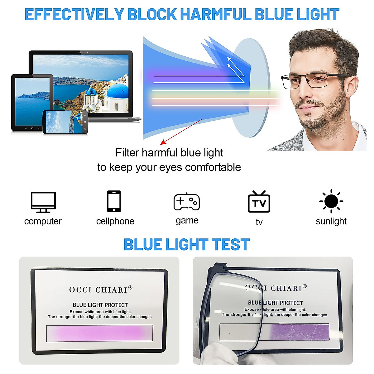 OCCI CHIARI Anti Blue Light Glasses for men - Computer Glasses Men - Black Eyewear Frame - Game Glasses for Men