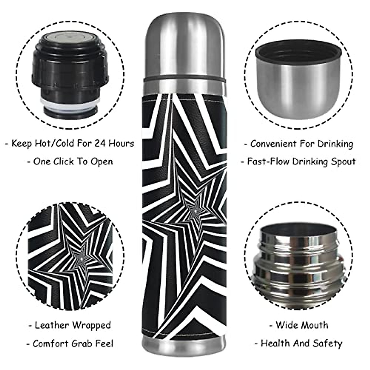 Black and White Vertigo Background Stainless Steel Water Bottle, Leak-Proof Travel Thermos Mug, Double Walled Vacuum Insulated Flask 17 OZ