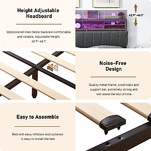 Queen Bed Frame with Tall Bookcase Headboard and Charging Station, LED Bed Frame with 2 Storage Drawers, Upholstered Mattress Foundation with Wooden Slats Support, No Box Spring Needed,Dark Grey