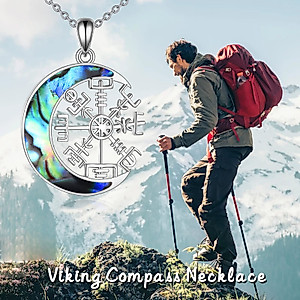 URONE Viking Compass Necklace Sterling Silver Abalone Shell Moon Compass Jewelry for Women Men Norse Vegvisir Pendant Gifts for Nordic Pagan