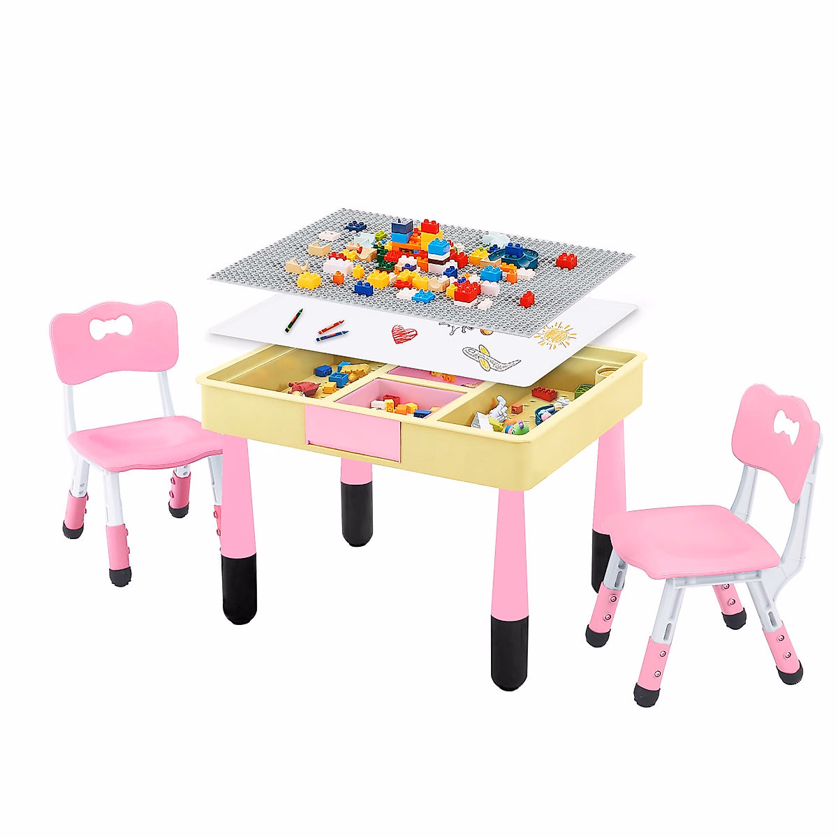 GITAWUSA 4 in 1 Kids Table and Chairs Set, Toddler Table and Chair Set for Kids Ages 3-10, 29.5" L x 23.6" W Activity Table w/Storage, Graffiti & Building Blocks Double-Sided Tabletop, Lovely Pink