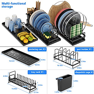 KEKAPE Multifunctional Stainless Steel Dish Drying Rack with Pots and Pans Storage Rack, Dish Drying Rack, Pots and Pans Storage Rack, Cup Rack Storage 3-Piece Set
