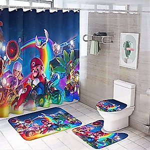 FFIS Anime Super 𝐌.𝐚𝐫𝐢𝐨 𝐁.𝐫𝐨𝐬 Movie.Bathroom Shower Curtain Set, 4 Piece Bathroom with Waterproof Shower Curtain and Non Slip Shower Mat & Toilet Lid Cover Mat U Carpet