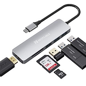 BEST CABLE USB C Hub Multiport Adapter - 6 in 1 Portable with 4K HDMI Output, 3 USB 3.0 Ports, SD/TF Card Reader, Compatible with MacBook, XPS More USB C Devices