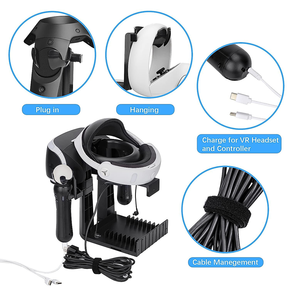 Wabracket 5 in 1 VR Stand,Wall Mount/Desk Bracket Kit for Oculus Quest 2/RIFT/GO/PS VR/HTC Vive,Headset and Controller Holder,Cable Management（Black