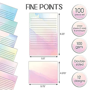 Mini Stationery Set, 100 Piece Set (50 Lined Watercolor Sheets + 50 Matching Envelopes), 5.5 x 8.25 inch, 12 Unique Designs, Double Sided Printing, One Side Lined Paper, by Better Office Products